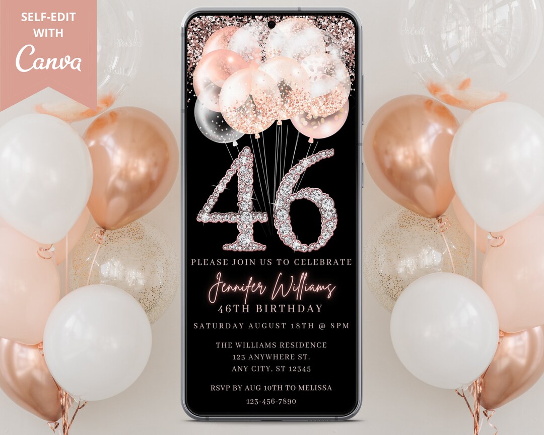 46th Birthday Digital Invitation, Electronic 46th Birthday Evite, Rose ...