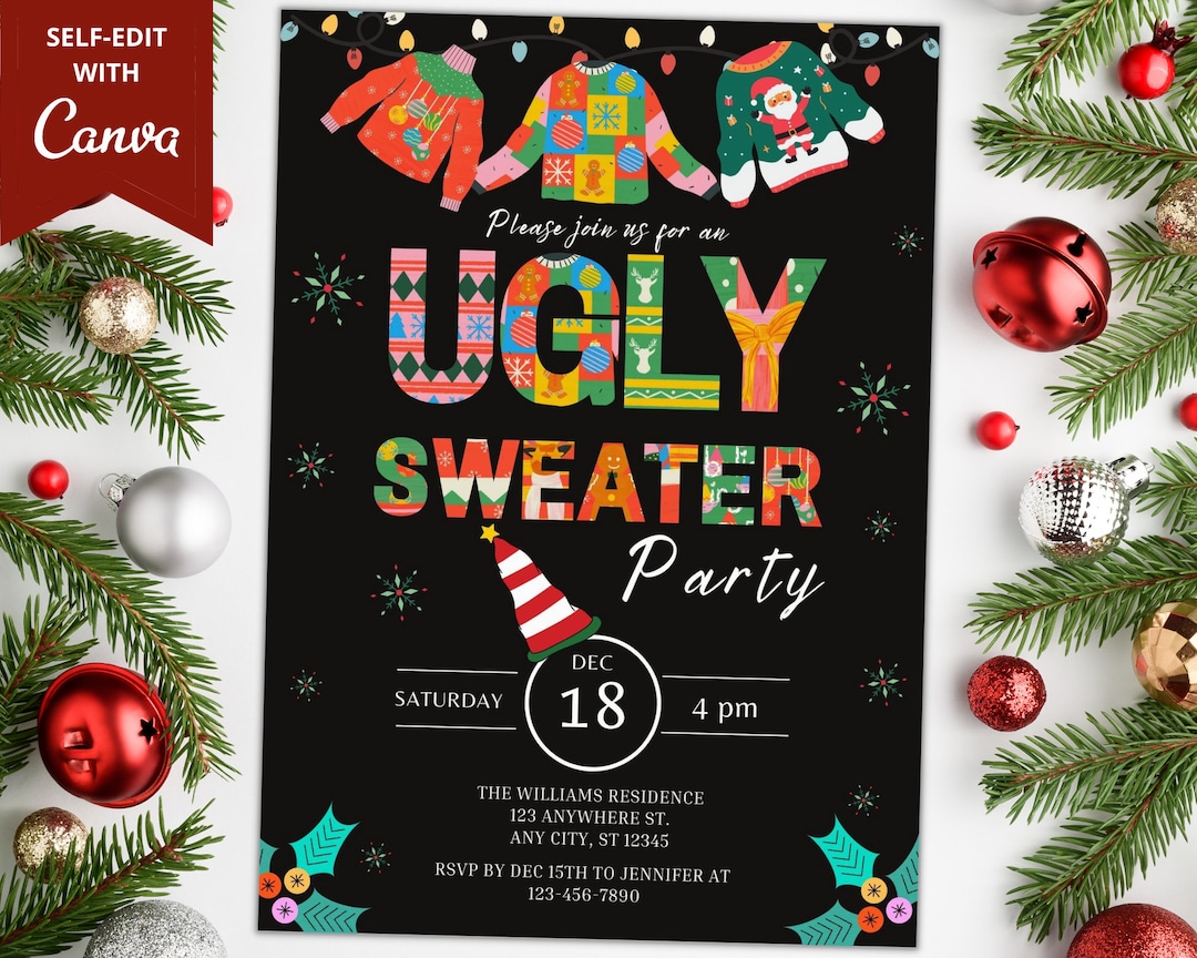 Editable Christmas Ugly Sweater Party Invitation, Printable Christmas ...