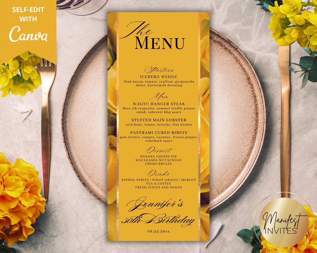 Editable Yellow Floral Dinner Menu Card Template, Printable Event Menu ...