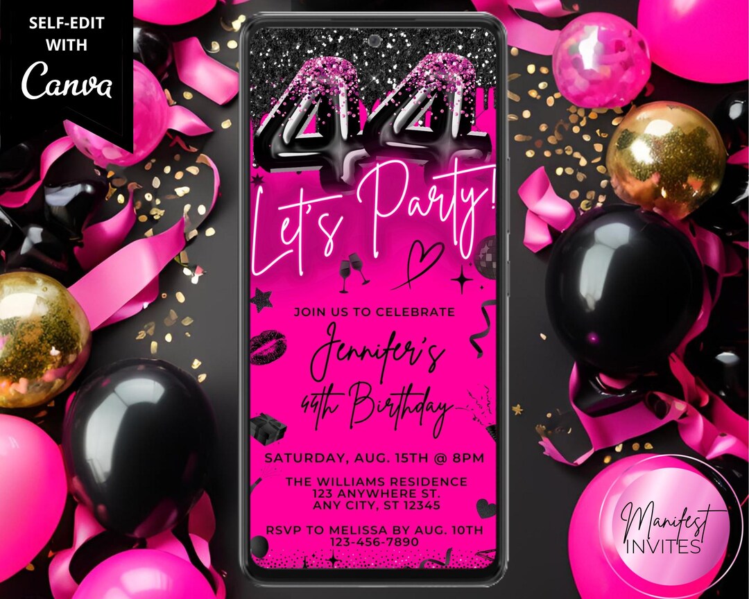 Digital 44th Birthday Hot Pink Black Glitter Glam Party Invitation, for ...