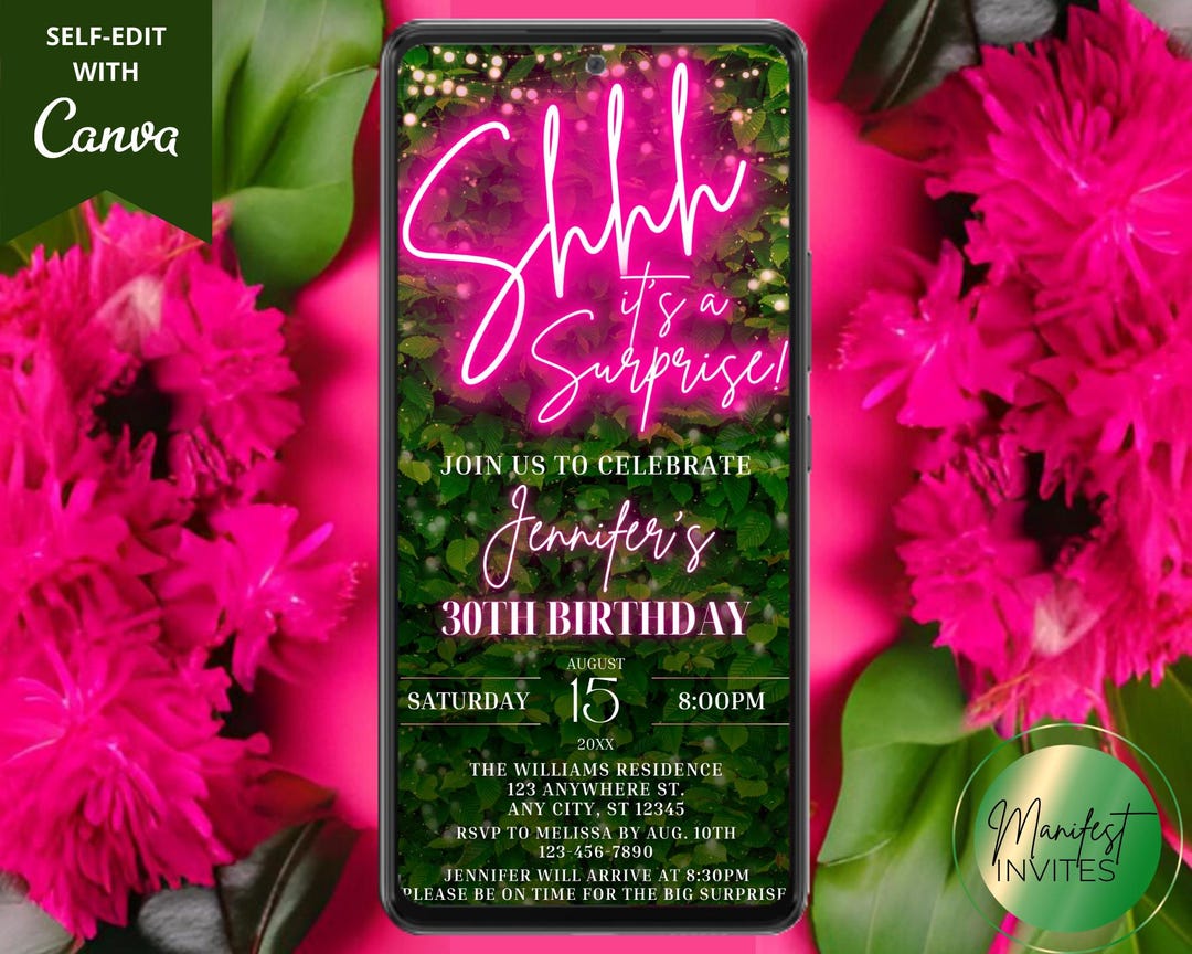 Digital Shhh It's a Surprise Pink Neon Greenery Birthday Party ...