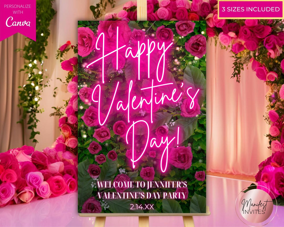 Editable Happy Valentine's Day Party Welcome Sign Template, Pink Neon ...