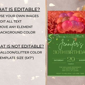 Editable Rainbow Gold Glitter Balloons Birthday Party Invitation ...