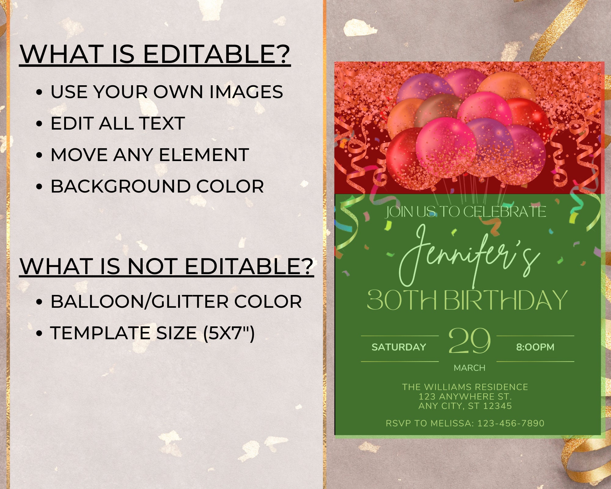 Editable Rainbow Gold Glitter Balloons Birthday Party Invitation ...