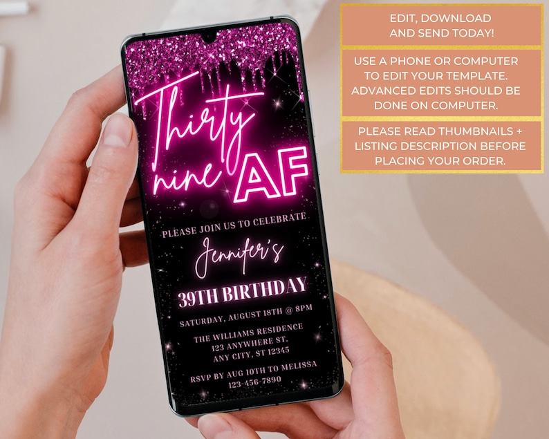 Digital Thirty Nine AF 39th Birthday Party Invite, Electronic Text ...