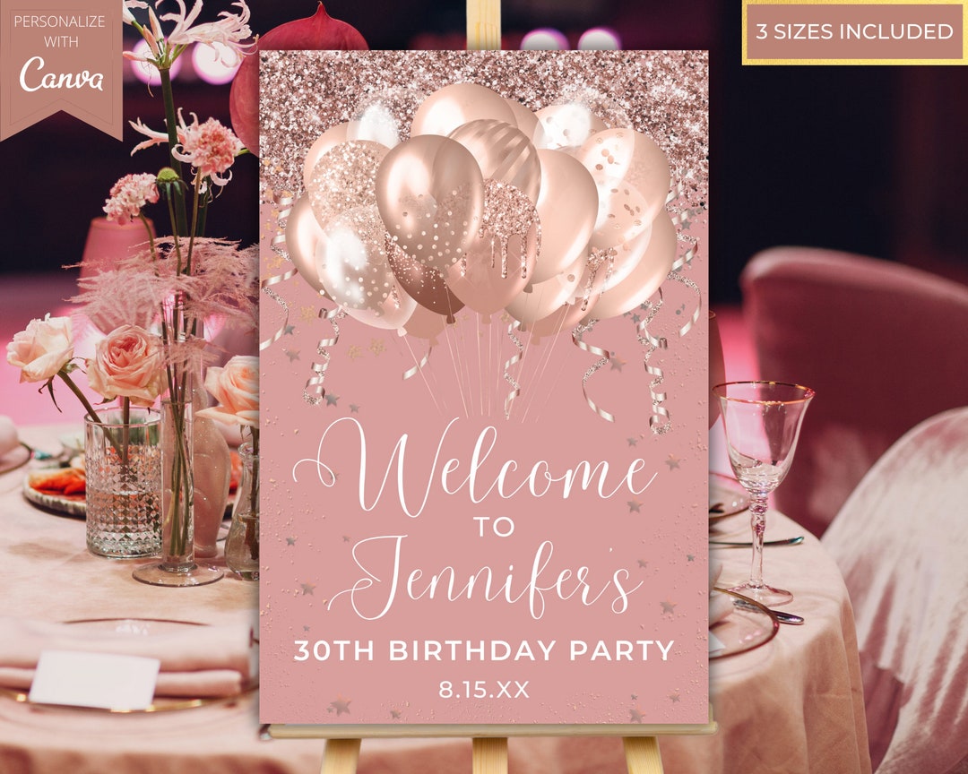 Printable Pink Rose Gold Glitter Balloons Welcome Sign, Party Welcome ...