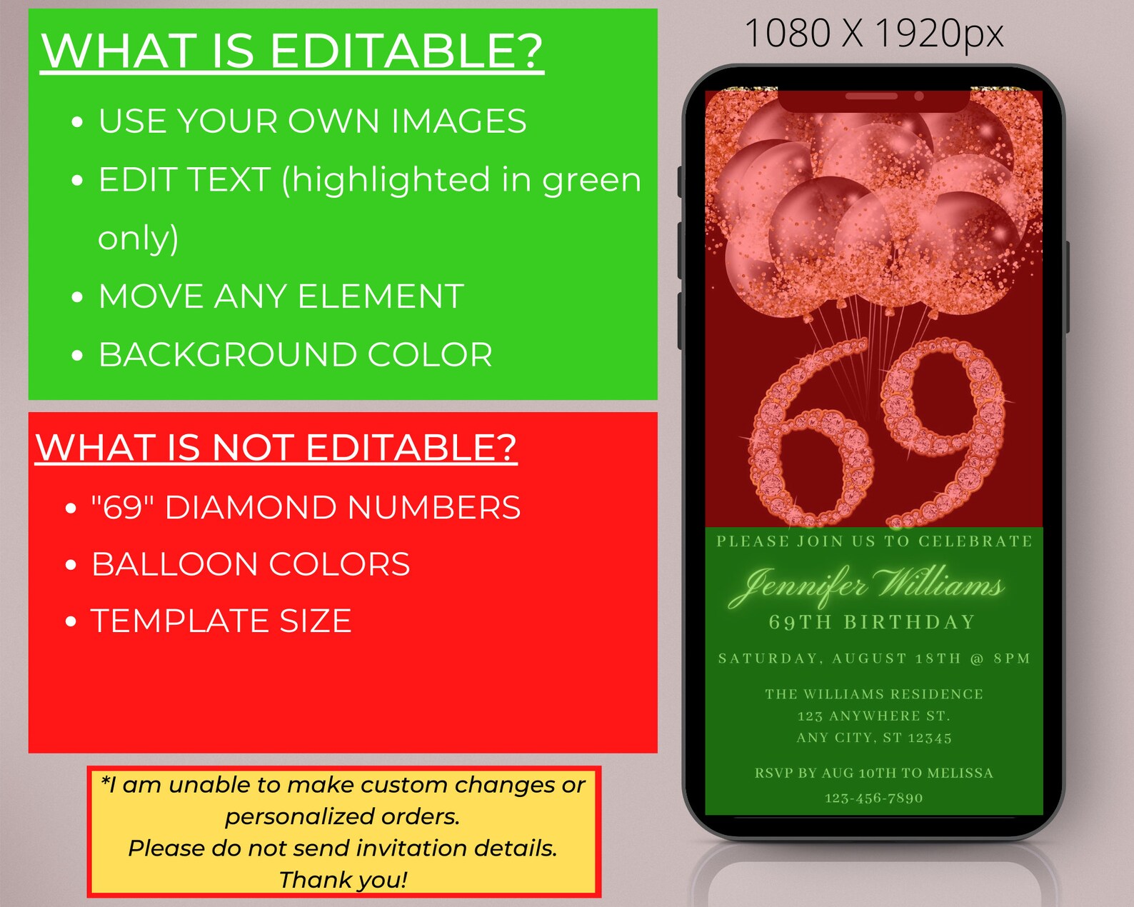 Digital 69th Birthday Party Invitation, Electronic Text Message Evite ...