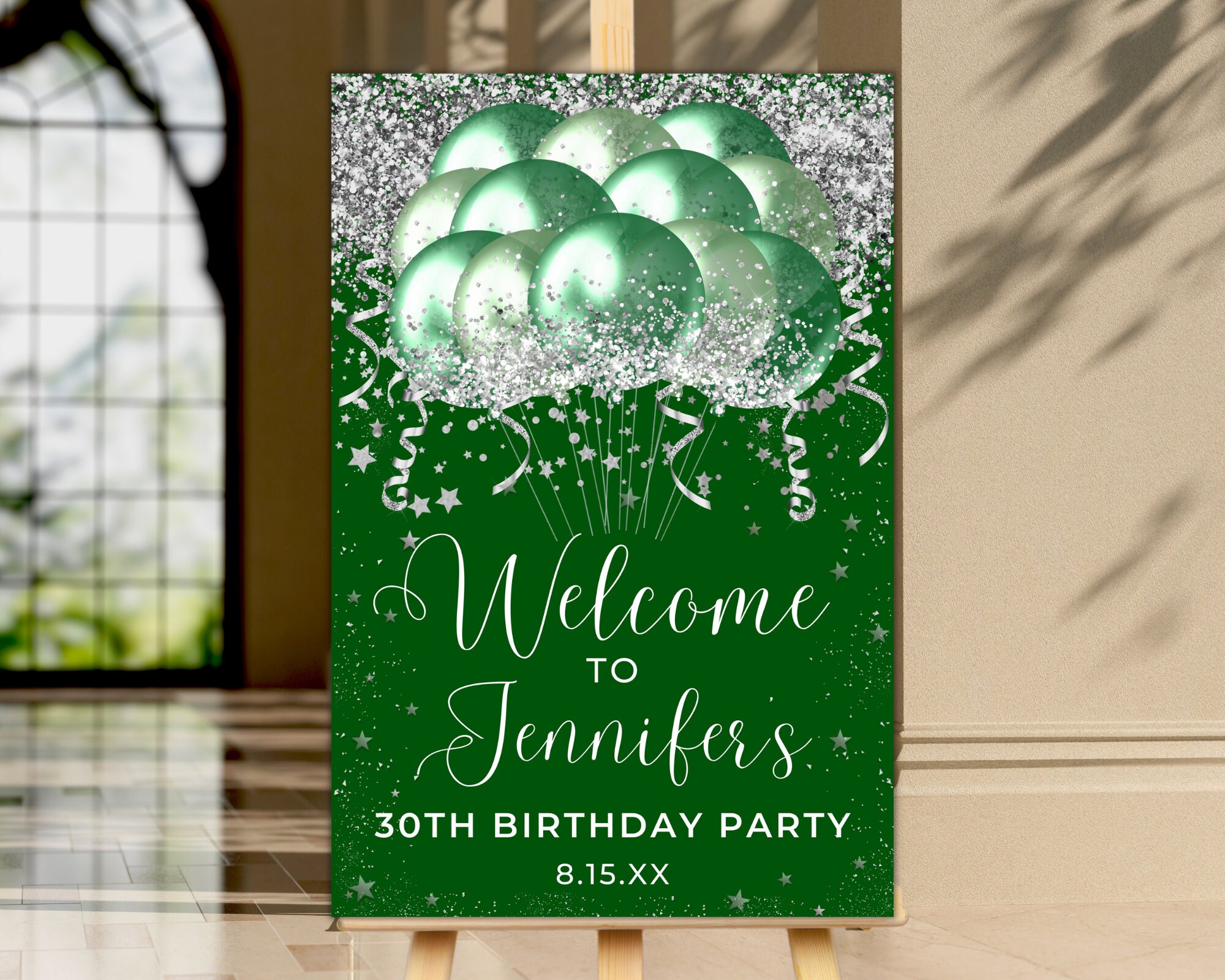 Printable Green Silver Glitter Balloons Welcome Sign, Birthday Party ...