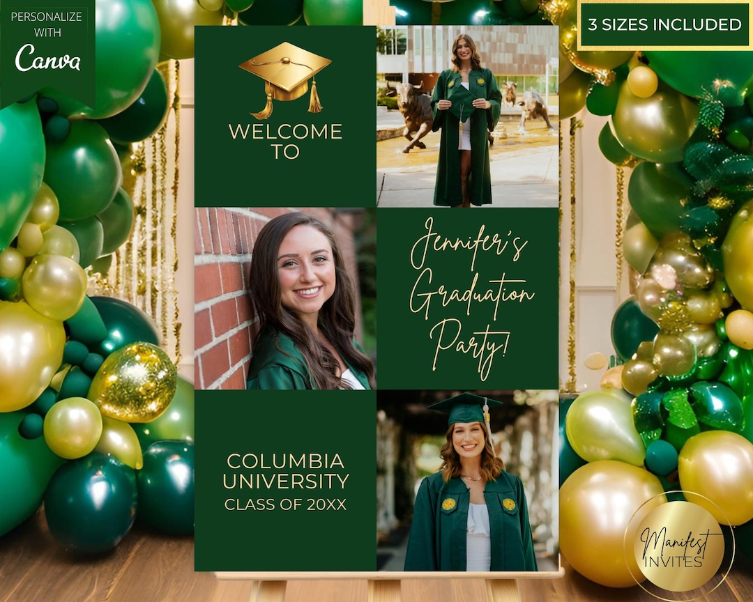 Editable Modern Green Gold Graduation Party Welcome Sign Photo Template ...