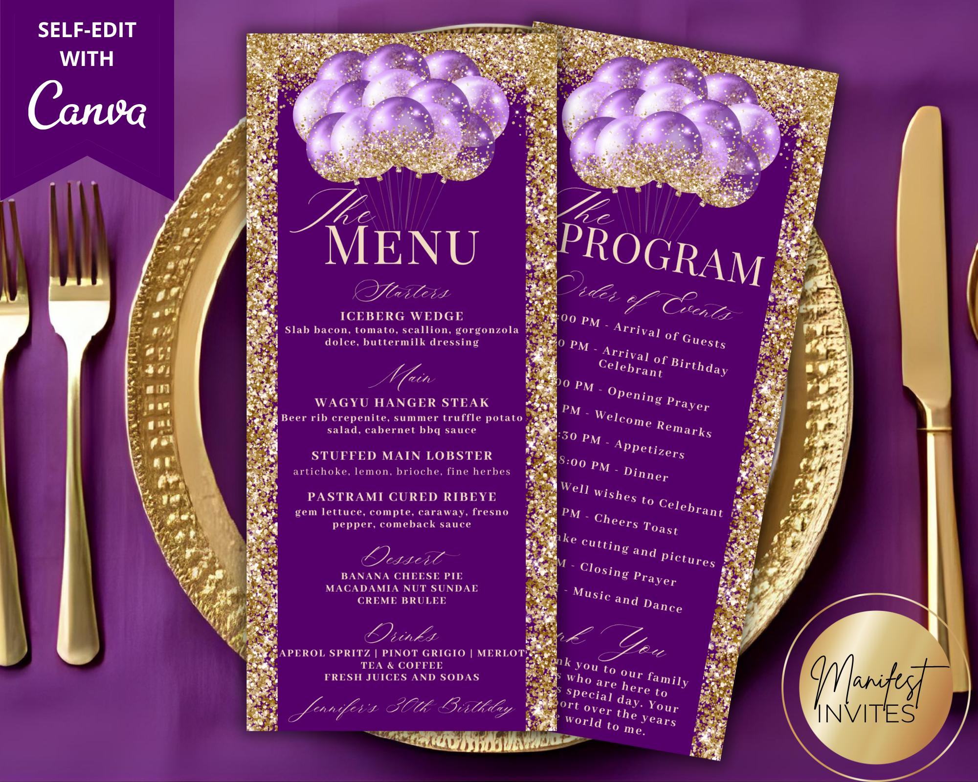 Editable Glam Purple Gold Glitter Balloons Menu Program and Thank You ...