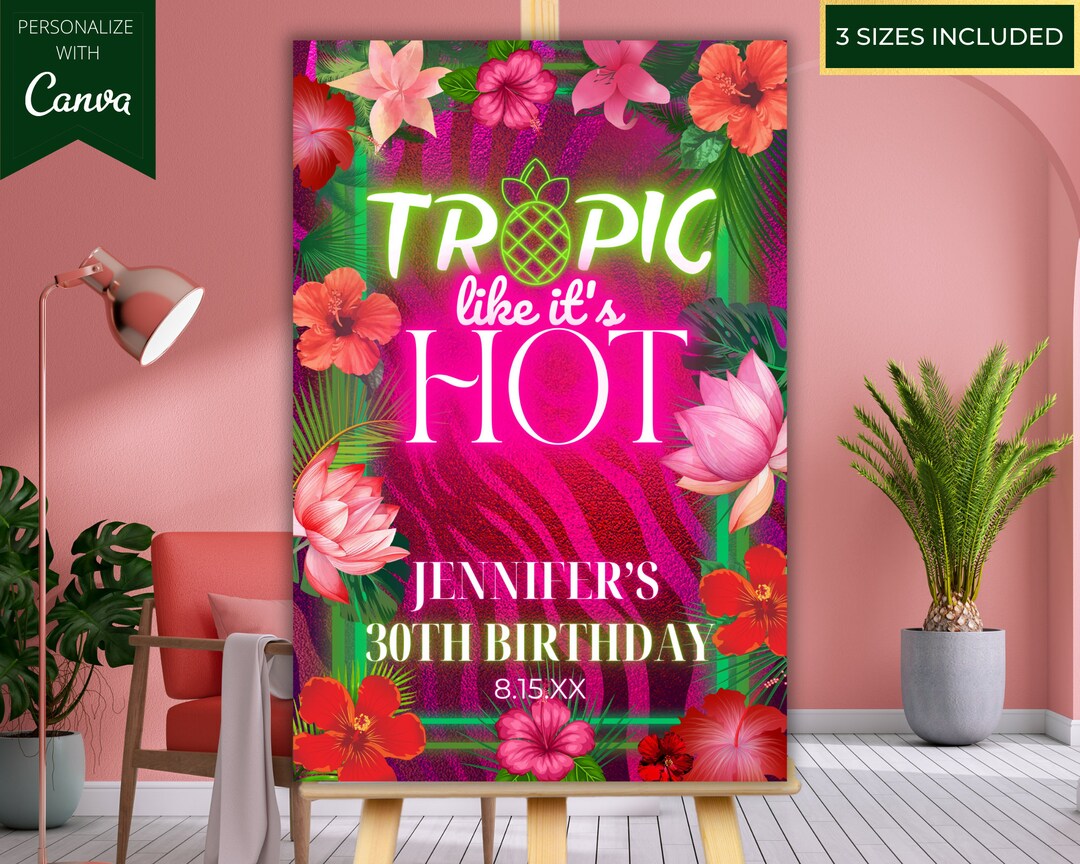 Editable Tropical Floral Pink Tropic Like It's Hot Birthday Party ...