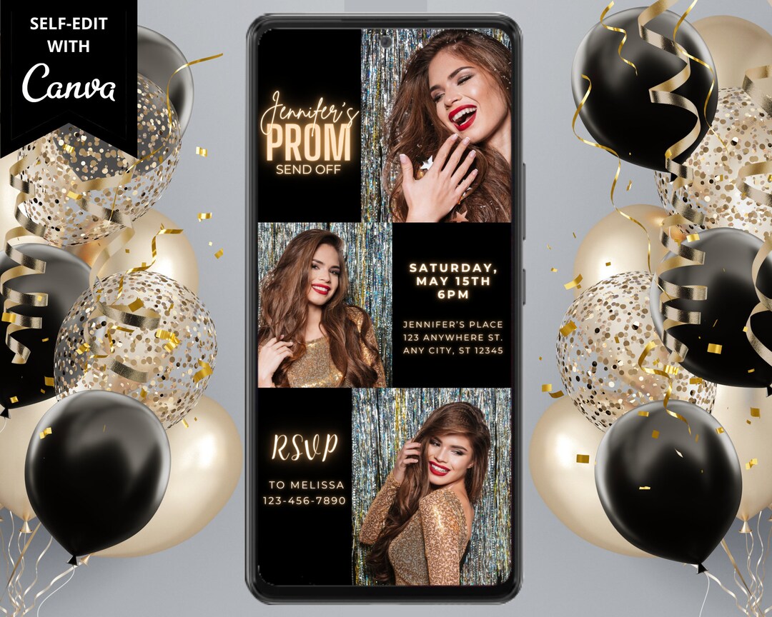 Digital Prom Send off Photo Template Gold Neon Party Invitation ...