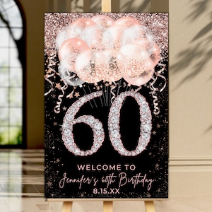 Printable 60th Rose Gold Diamonds Glitter Balloons Welcome Sign ...