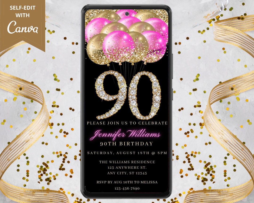 Digital 90th Birthday Pink Gold Invitation, Electronic Phone Text Evite, Diamond Glitter ...