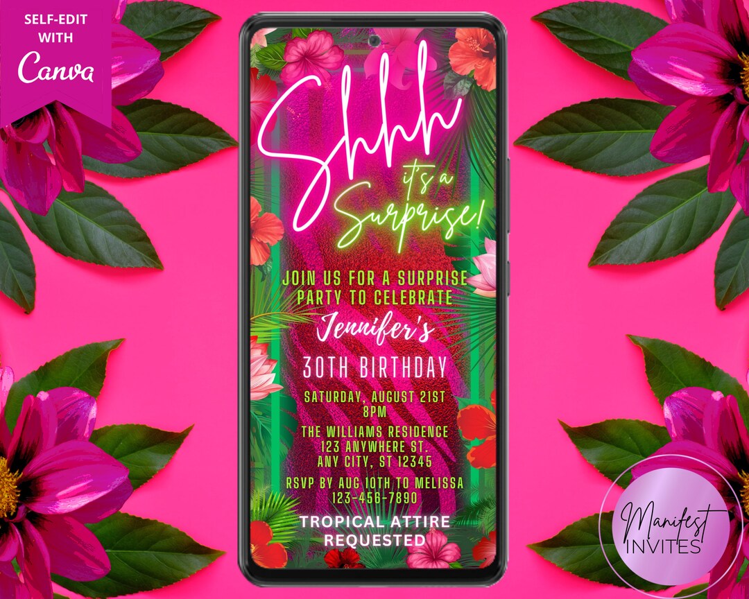 Digital Tropical Pink Floral Shhh It's a Surprise Birthday Party ...