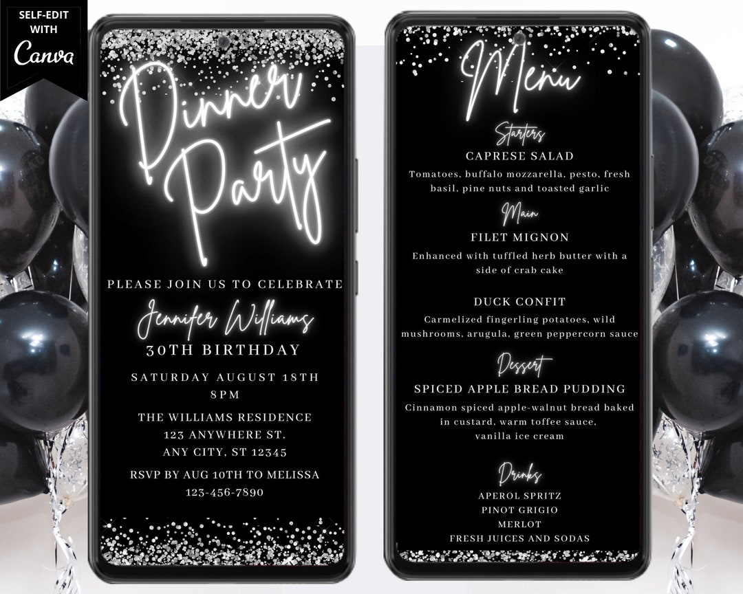 Digital Dinner Party Menu Invitation, Digital Text Evite, Birthday ...