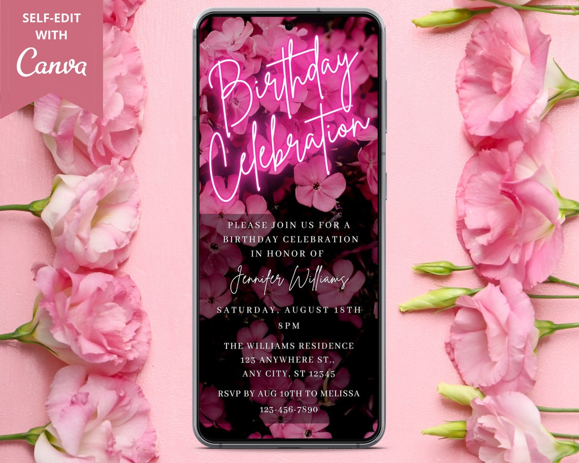 Digital Pink Floral Birthday Party Invitation Electronic - Etsy