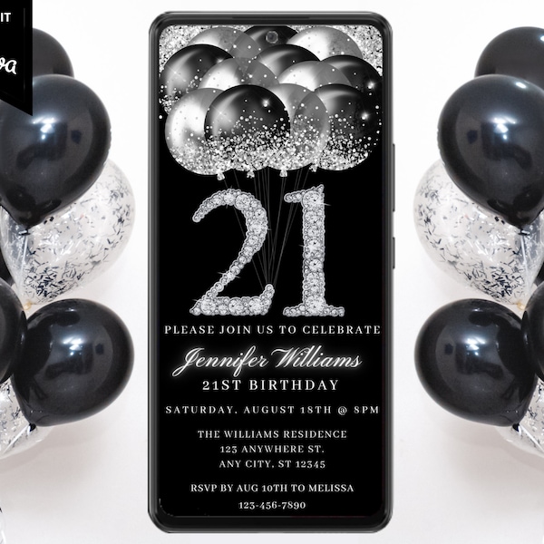 Black and Silver 21st Birthday Invitation - Etsy