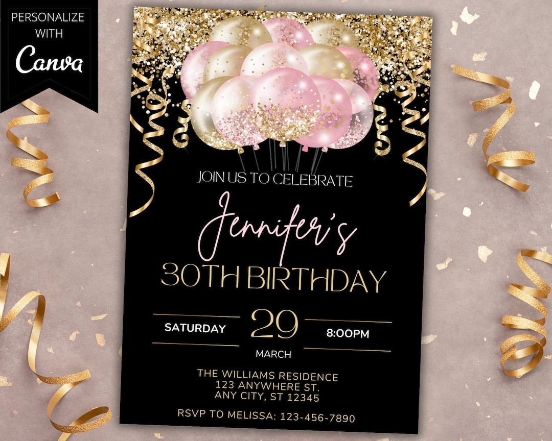 Editable Pink Gold Glitter Balloons Birthday Party Invitation ...