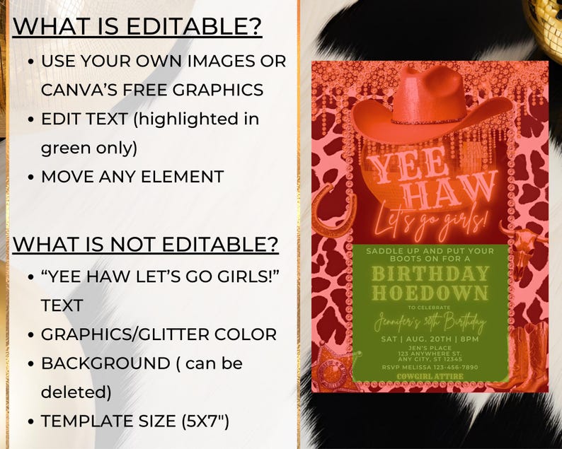 Editable Gold Disco Cowgirl Hoedown Birthday Party Invitation ...