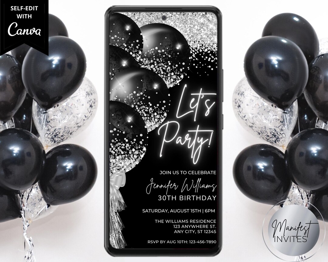Digital Black Silver Balloons Birthday Party Invitation, Electronic ...