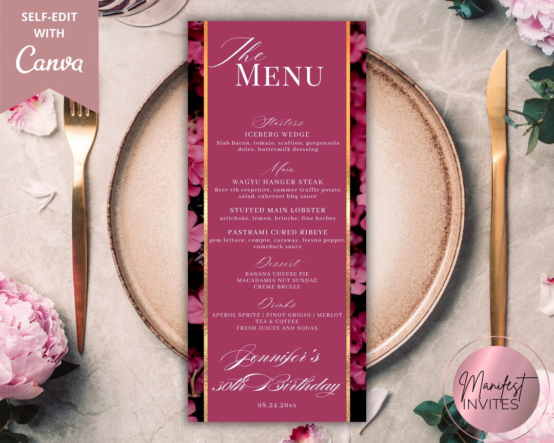Editable Pink Floral Dinner Menu Card Template, Printable Event Menu ...