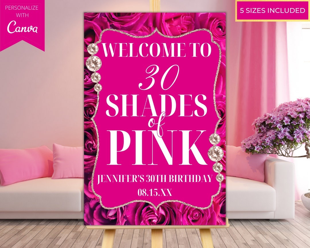 Editable Shades of Pink Birthday Party Welcome Sign, Pink Floral Roses ...