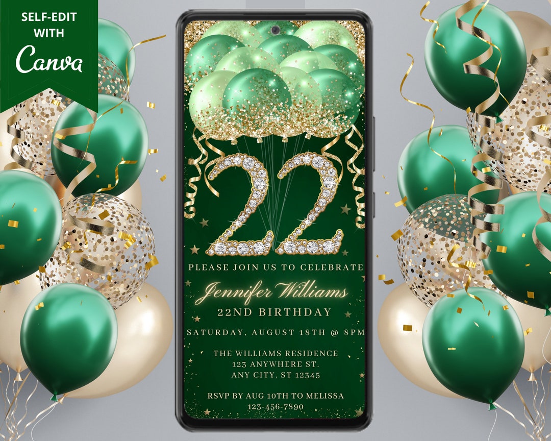 Digital 22nd Birthday Party Green Gold Diamond Glitter Balloons ...