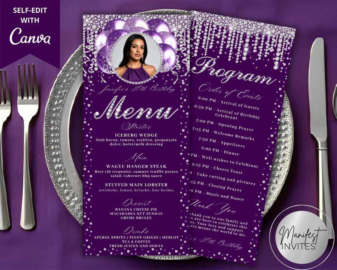 Editable Photo Menu Program & Thank You Card, Glam Diamonds Purple ...