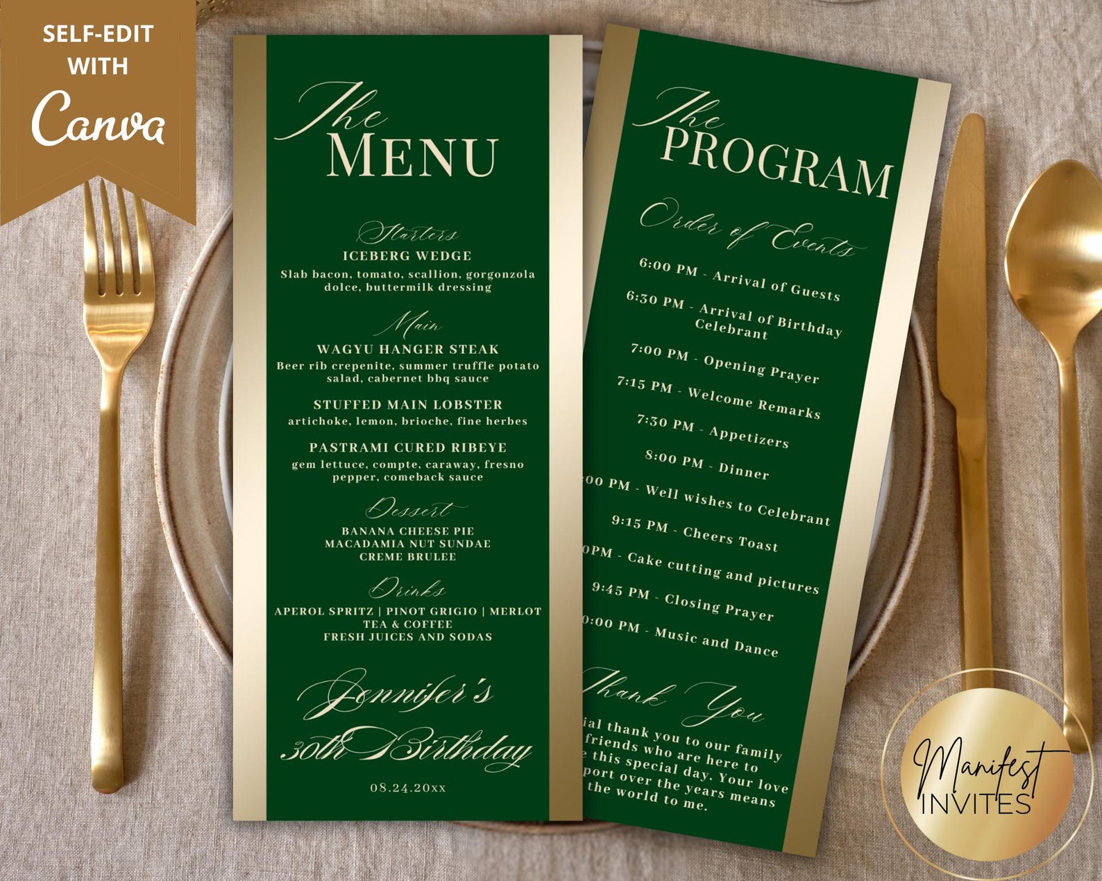Editable Modern Green Gold Menu and Event Program Card Template, Thank ...