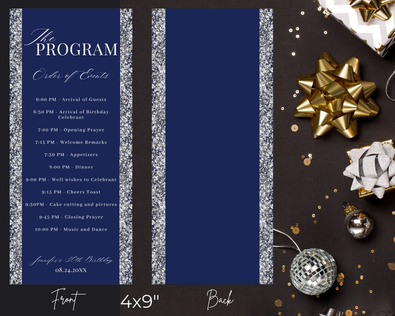 Editable Blue Silver Glitter Birthday Event Program Card Template ...