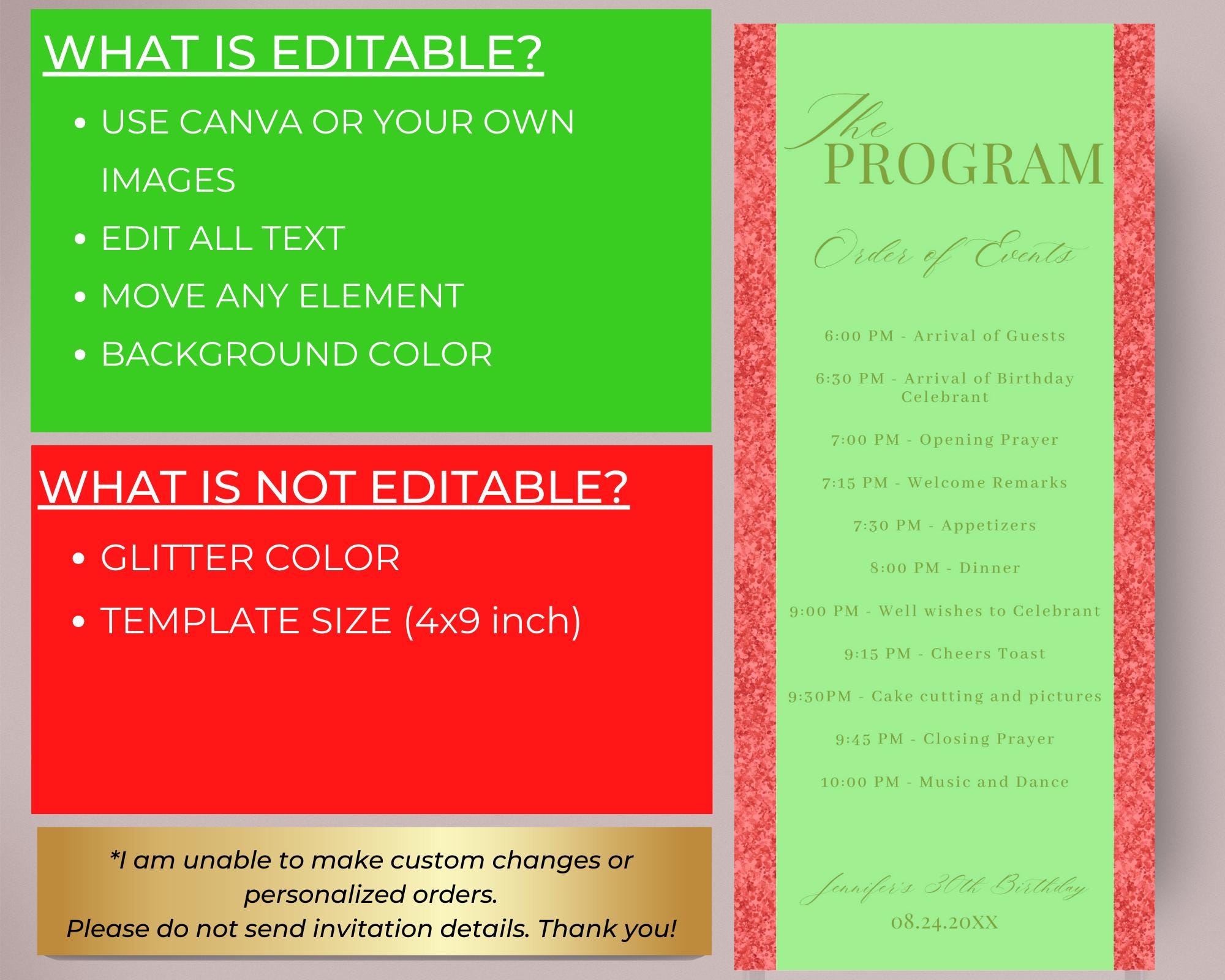 Editable Rose Gold Glitter Birthday Event Program Card Template ...
