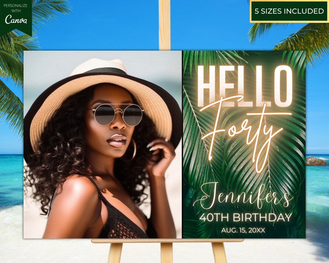 Editable Hello Forty 40th Birthday Photo Template Tropical Welcome Sign ...