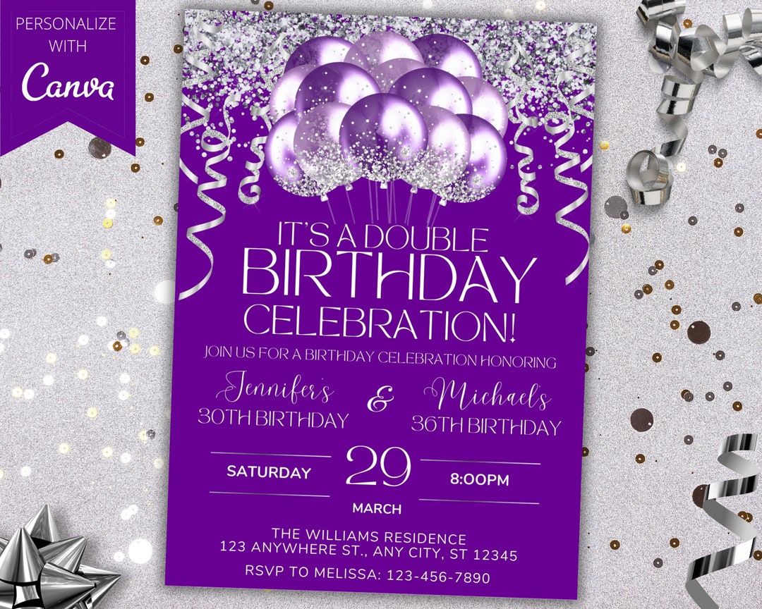 Editable Joint Double Birthday Party Purple Silver Glitter Balloons ...