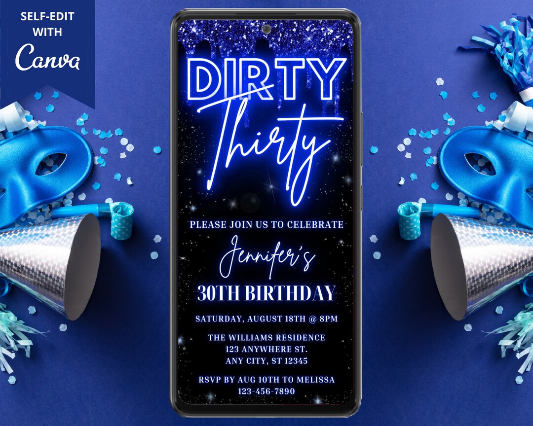 Digital Dirty Thirty 30th Birthday Party Invite, Electronic Text ...