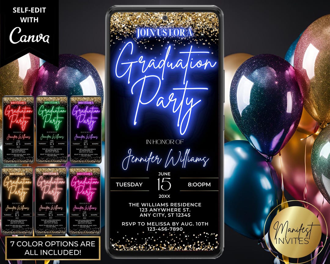 Digital Graduation Party Invitation, Neon Gold Glitter, Grad ...