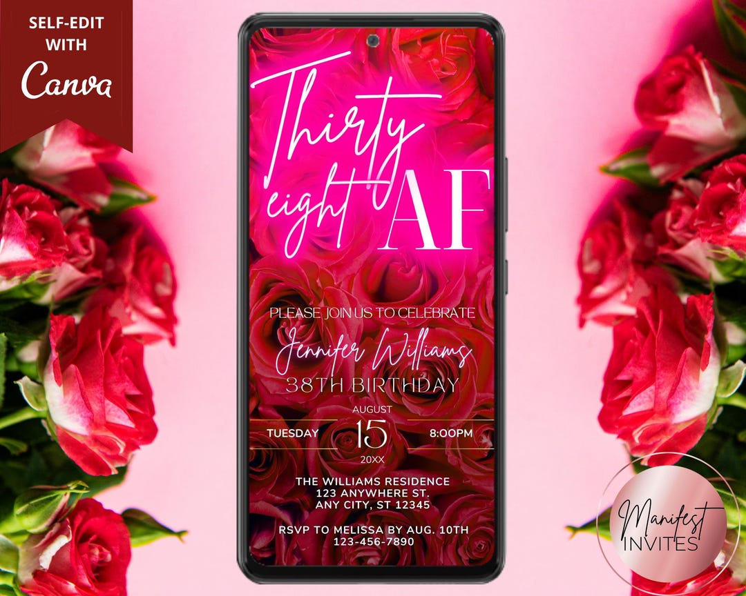 Digital 38 AF 38th Birthday Pink Neon Red Floral Roses Party Invitation ...