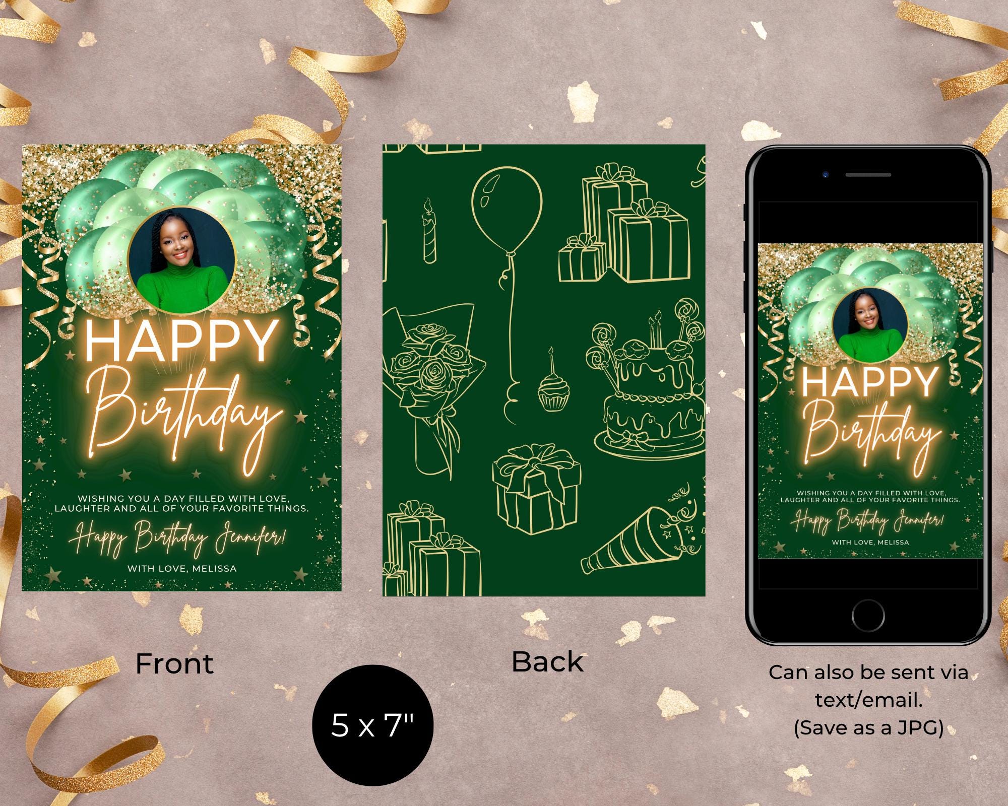 Editable Glam Photo Happy Birthday Greeting Card, Neon Green Gold ...