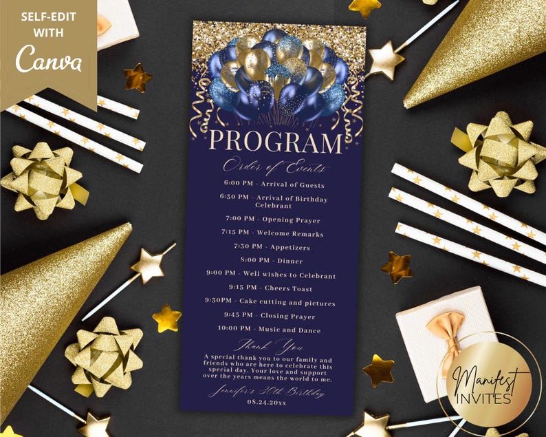 Editable Elegant Navy Blue Gold Glitter Balloons Program and Thank You ...