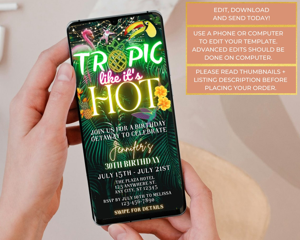 Electronic Tropical Tropic Like It's Hot Birthday Trip Itinerary Invite ...