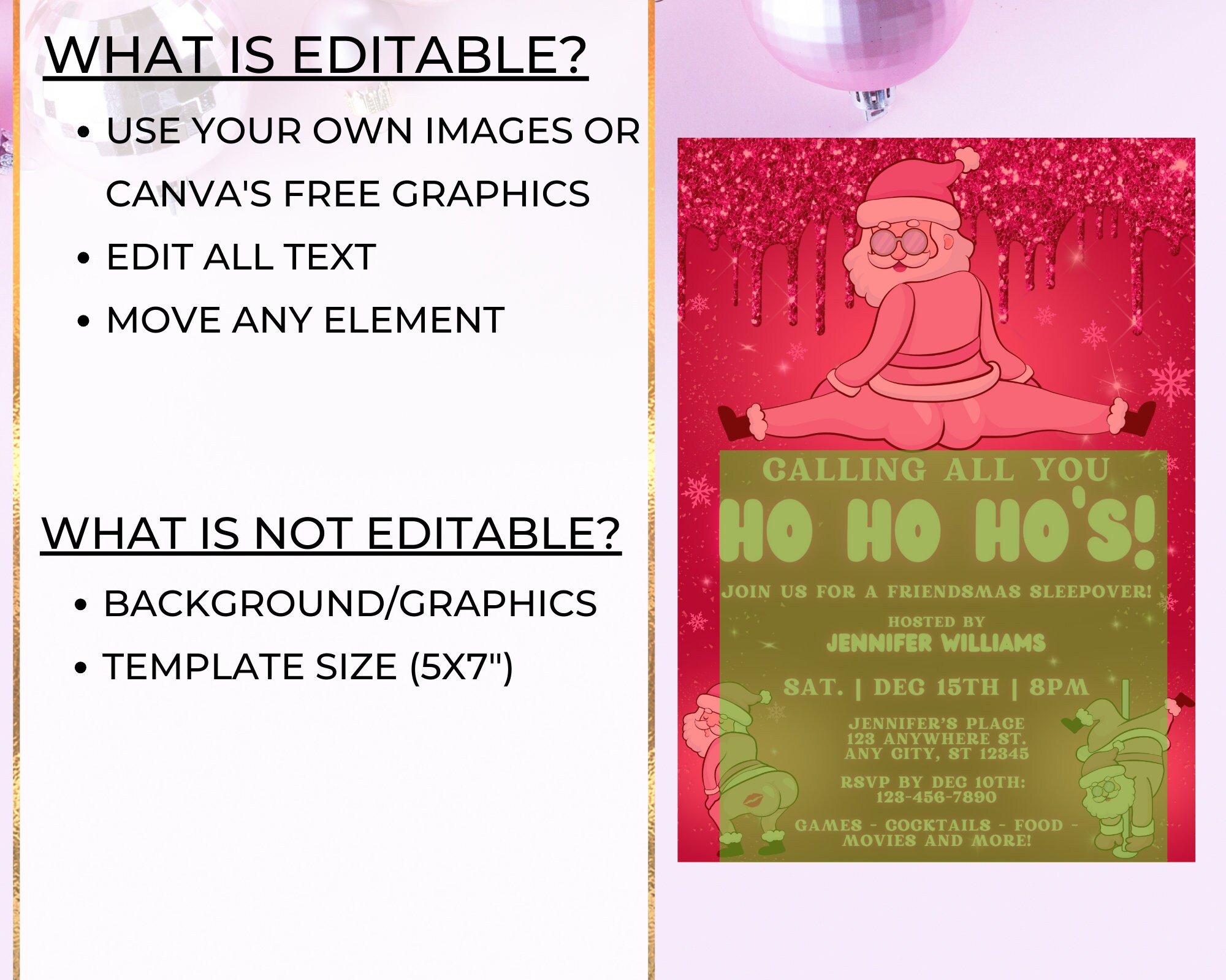 Editable Funny Friendsmas Calling All You Ho Ho Hos Pink Santa Party ...
