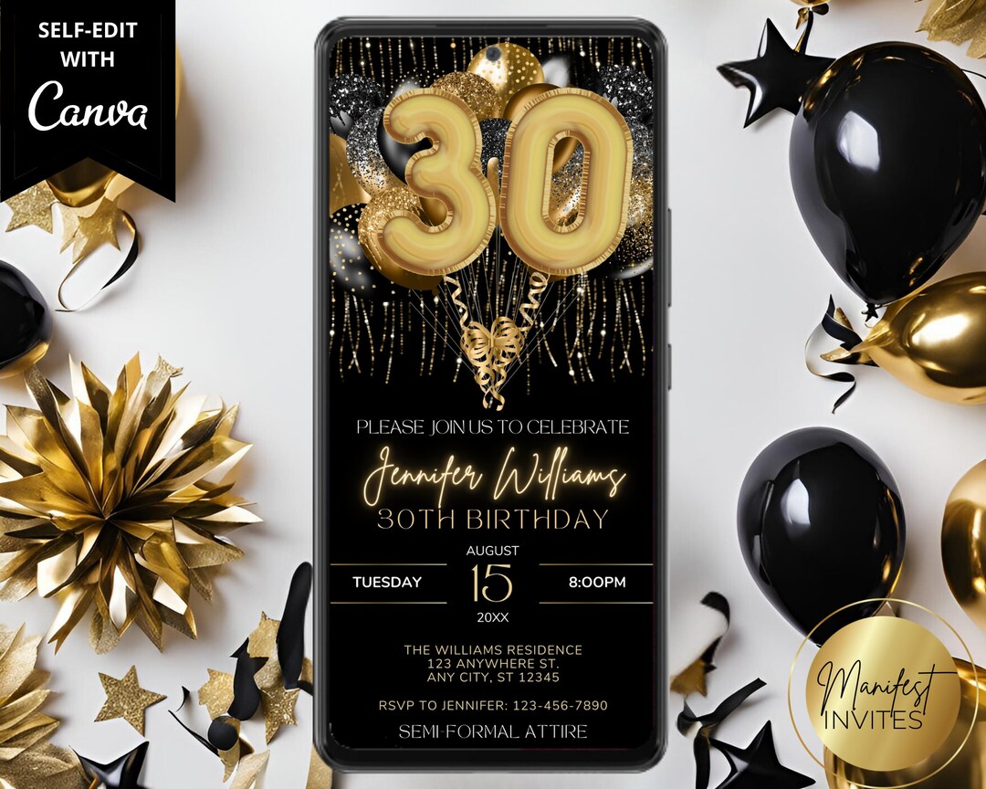 Digital 30th Birthday Party Invitation, Black and Gold Balloons, Adult ...