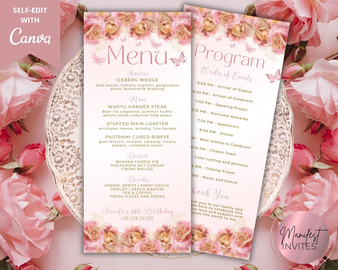 Editable Pink Gold Floral Menu and Program Card Template, Birthday ...