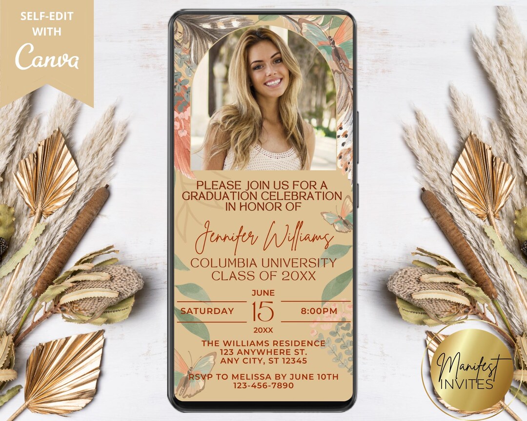 Digital Boho Graduation Party Photo Invitation, Bohemian Theme Party ...