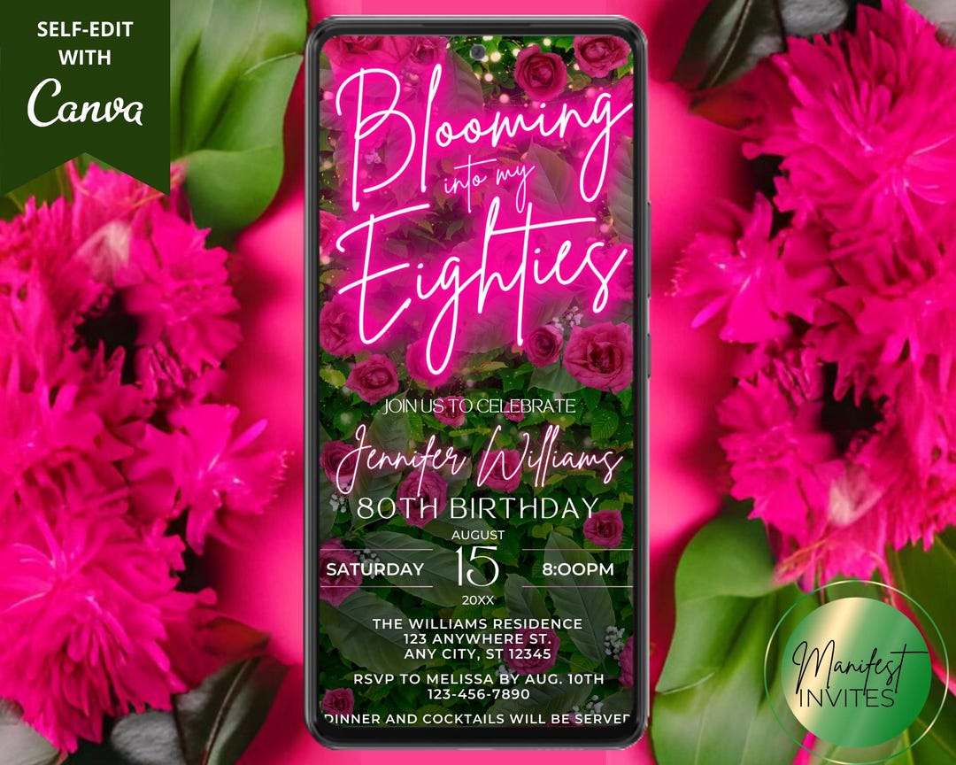 Digital Blooming Into My Eighties 80th Birthday Party Invitation, Glam ...