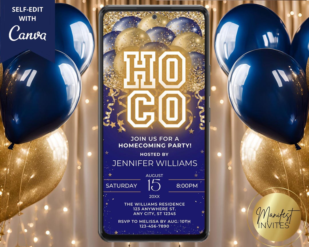 Digital Homecoming Celebration Party Blue Gold Balloons Invitation ...