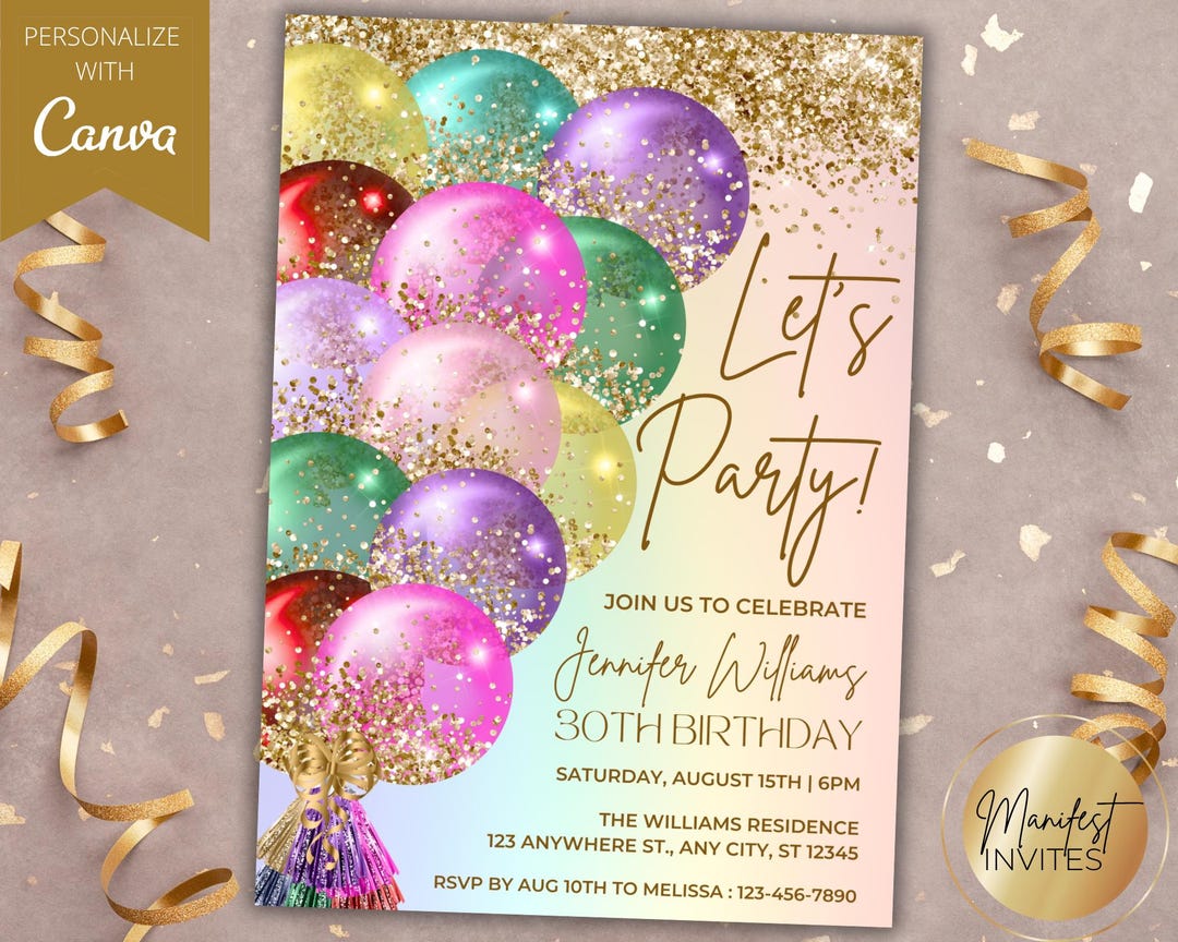 Editable Let's Party Rainbow Gold Glitter Balloons Glam Birthday Party ...