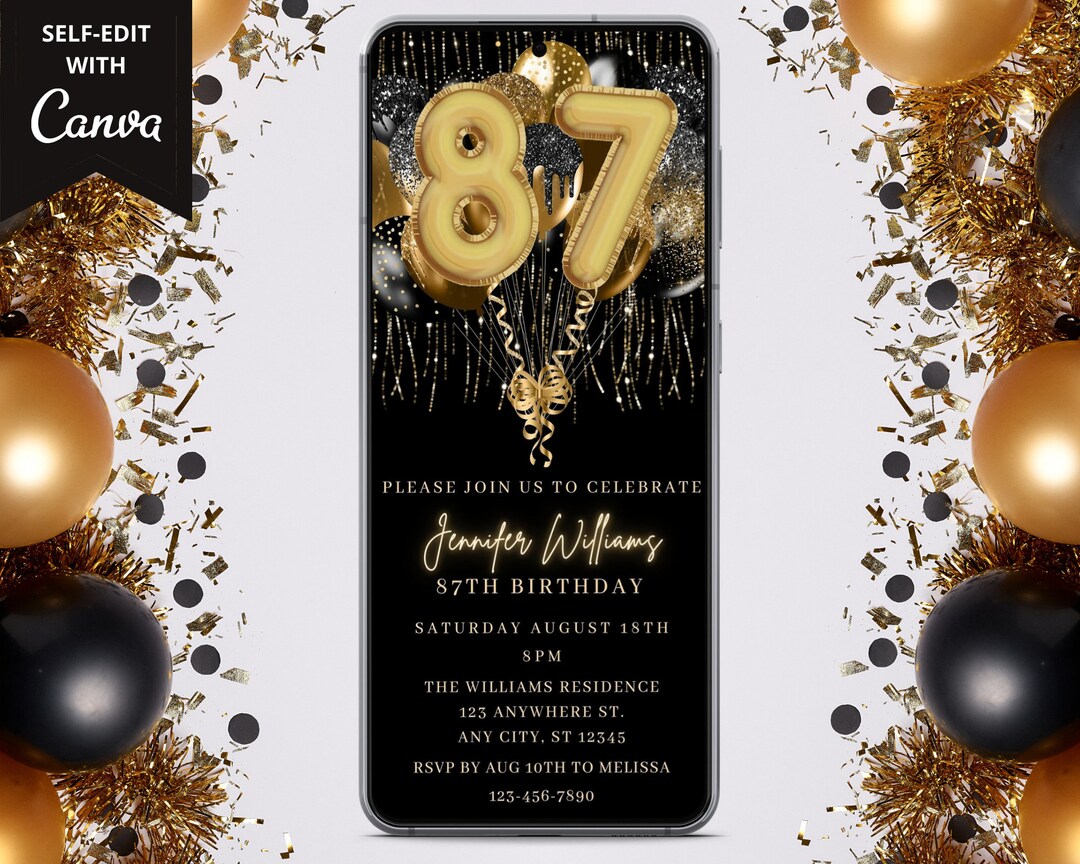 Digital 87th Birthday Party Invitation, Electronic Birthday Invite ...