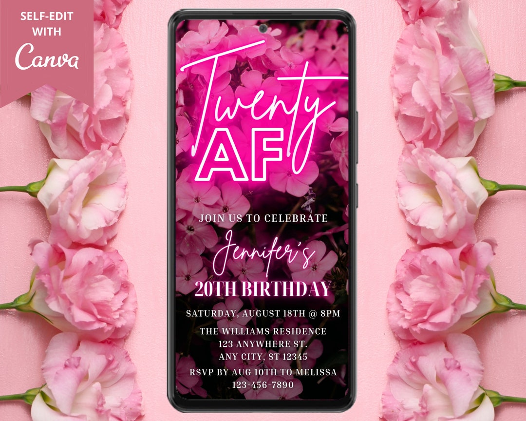 Digital Twenty AF 20th Birthday Party Invitation, Electronic Text ...