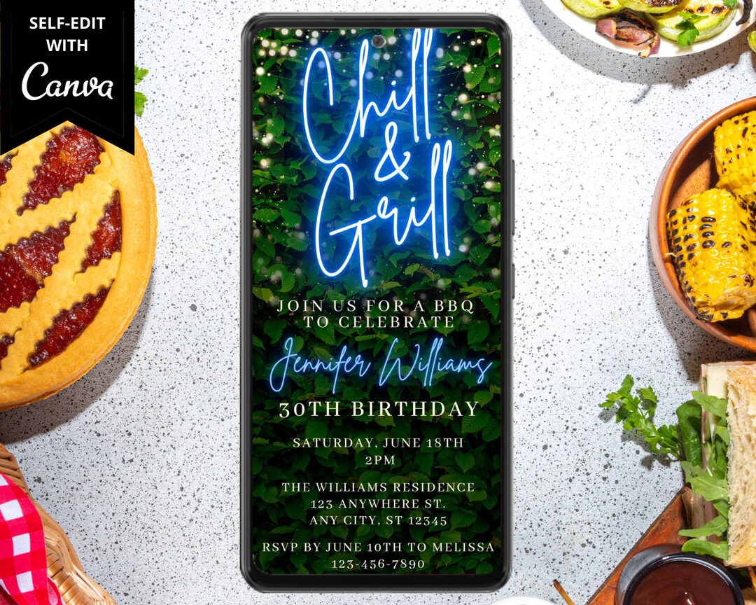 Digital Chill & Grill BBQ Birthday Party Invitation, Electronic Phone ...